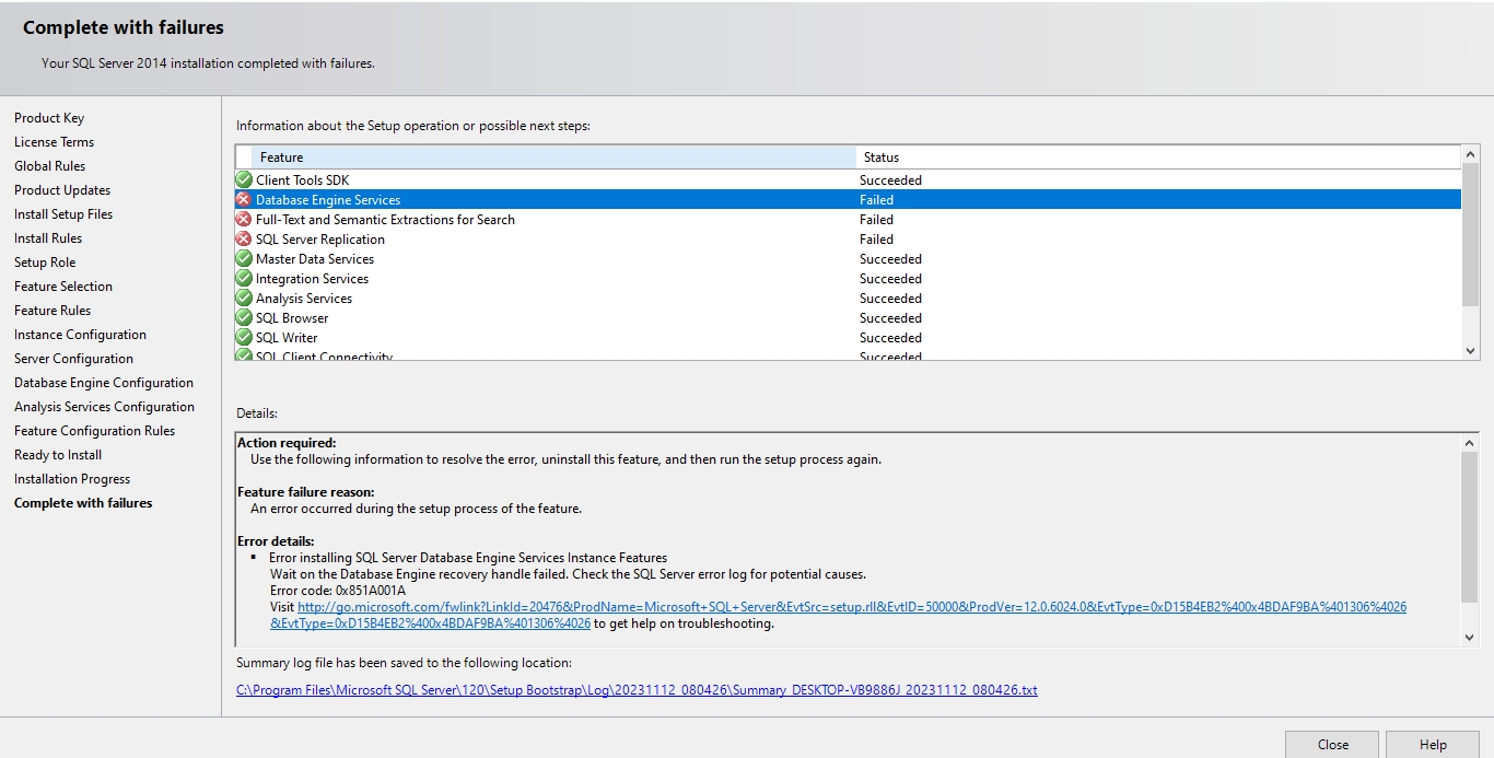 خطای نصب Database Engine services
